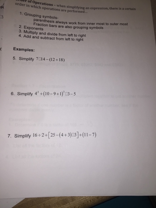 Solved of Operations- when simplifying an expression, there | Chegg.com