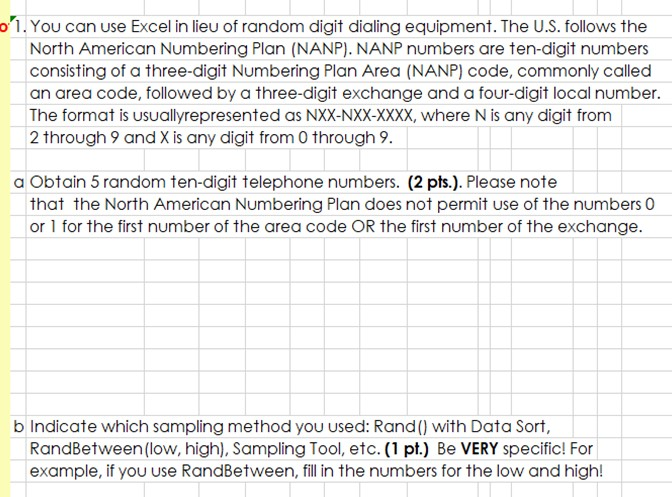 Solved oʻ1. You can use Excel in lieu of random digit | Chegg.com
