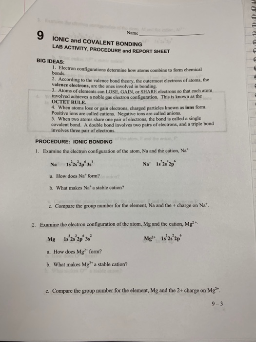 Solved 9 Name IONIC and COVALENT BONDING LAB ACTIVITY, | Chegg.com