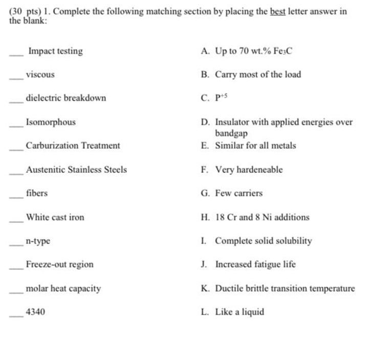 Solved (30 pts) 1. Complete the following matching section | Chegg.com