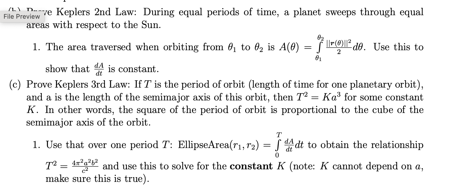 Solved ONLY NEED PART B) ﻿AND C)(b) ﻿Prove Keplers 2nd Law: | Chegg.com
