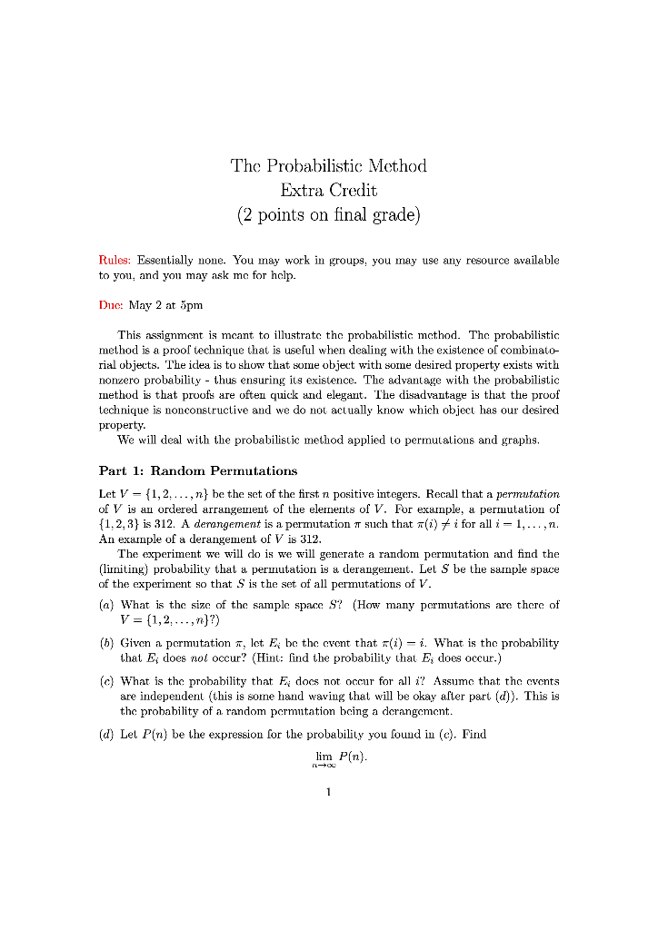 The Probabilistic Method Extra Credit (2 points on | Chegg.com