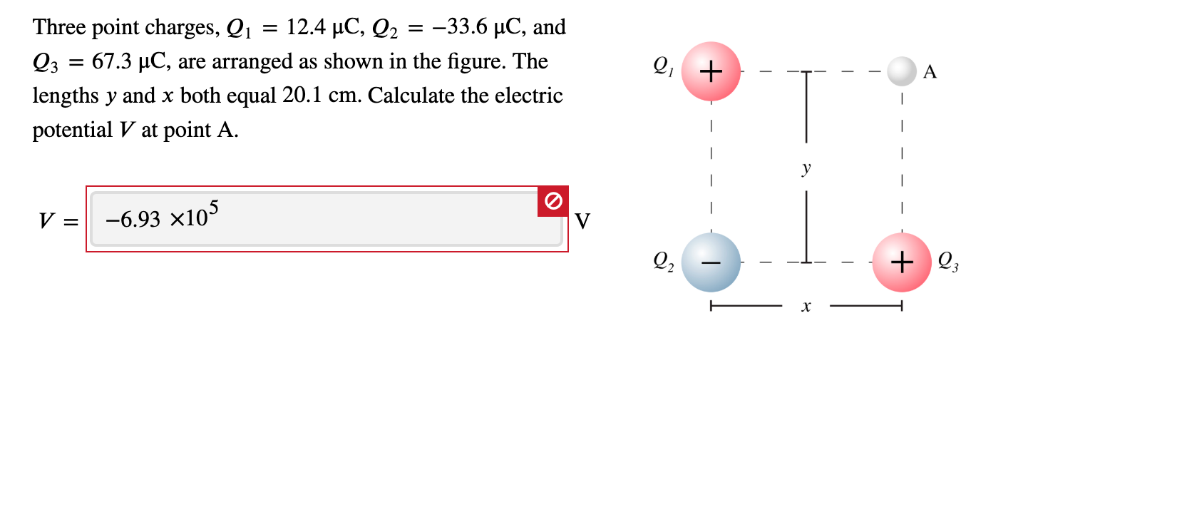 Solved + Three point charges, Q1 = 12.4 uC, Q2 = -33.6 uC, | Chegg.com