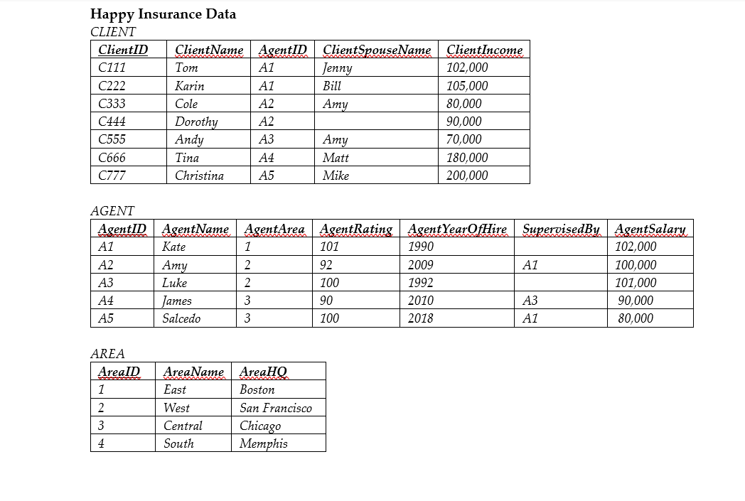 Solved HAPPY INSURANCE Observe the HAPPY INSURANCE DATABASE: | Chegg.com