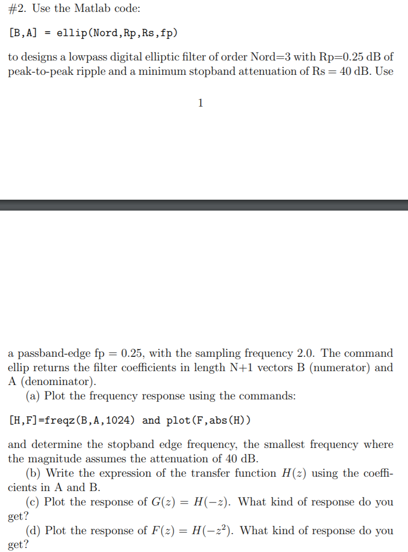 Solved #2. Use the Matlab code: [B,A] = ellip(Nord, Rp, | Chegg.com