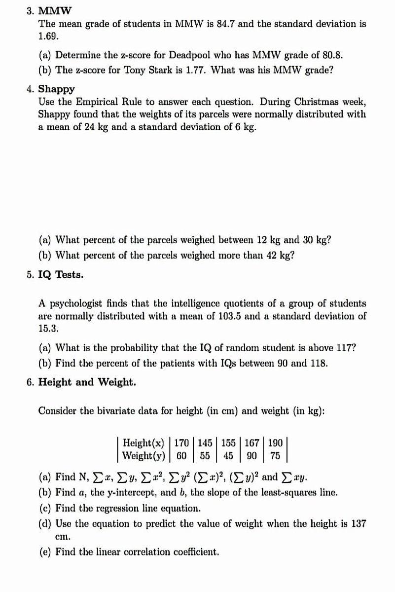 Solved 3. MMW The mean grade of students in MMW is 84.7 and | Chegg.com