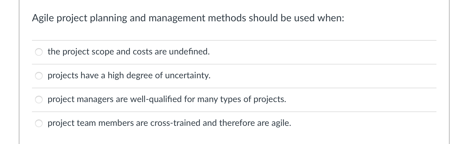 Solved Agile project planning and management methods should | Chegg.com