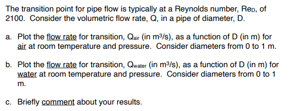 Solved The transition point for pipe flow is typically at a | Chegg.com