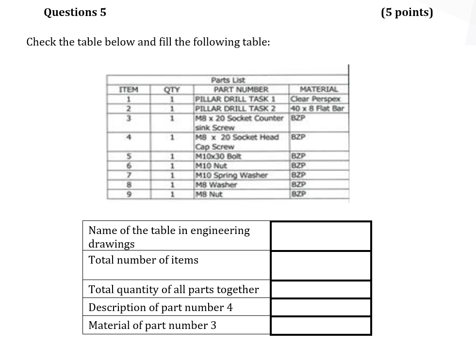 Questions 5 (5 points) Check the table below and fill | Chegg.com