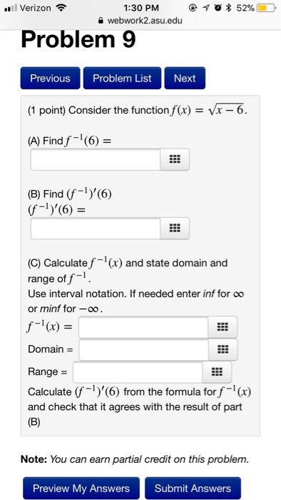 Solved 1:30 PM webwork2.asu.edu ·'11 Verizon令 Problem 9 | Chegg.com
