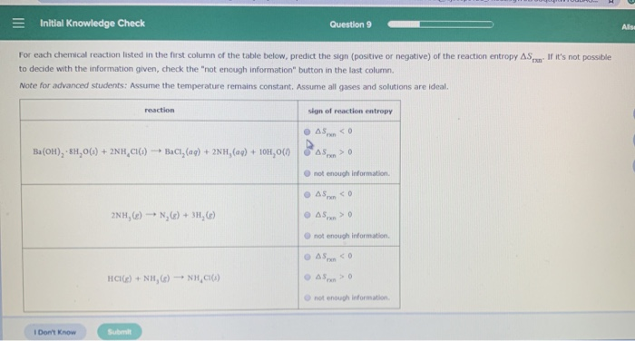 Solved Initial Knowledge Check Question 9 Als For each | Chegg.com