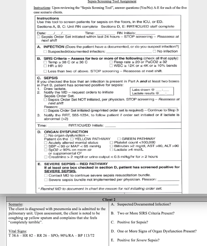 Solved Sepsis Screening Tool Assignment Instructions: Upon | Chegg.com
