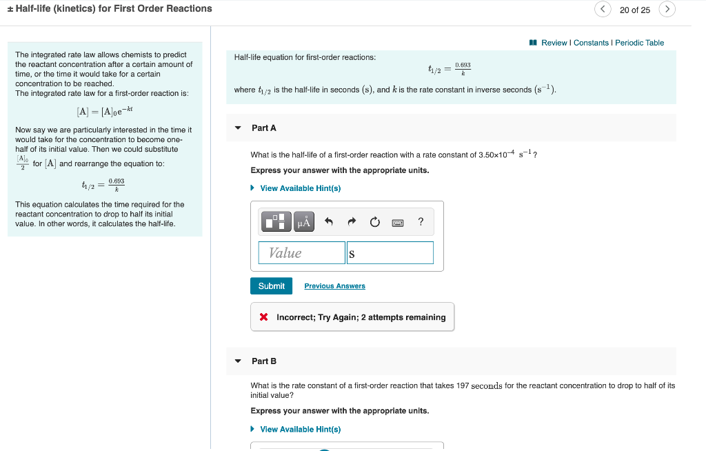 Solved Half-life equation for first-order reactions: | Chegg.com