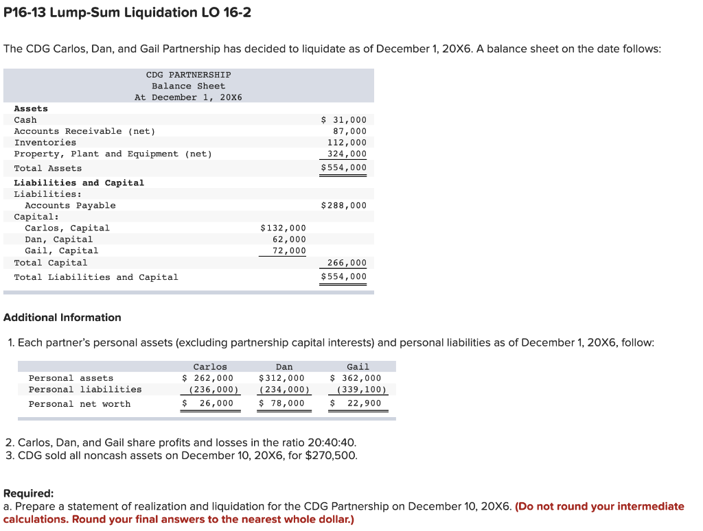Solved P16-13 Lump-Sum Liquidation LO 16-2 The CDG Carlos, | Chegg.com