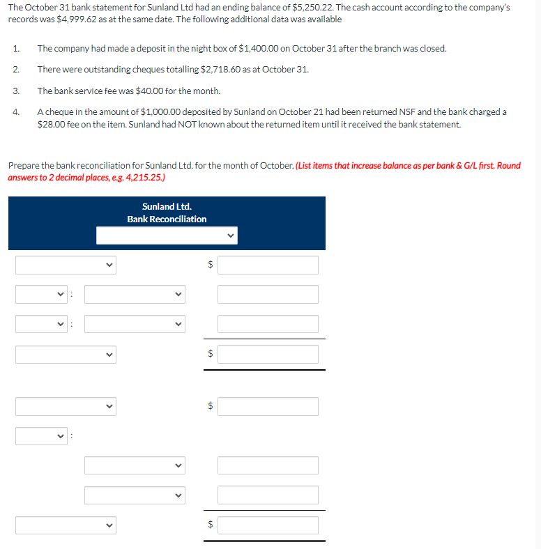 Solved The October 31 bank statement for Sunland Ltd had an | Chegg.com