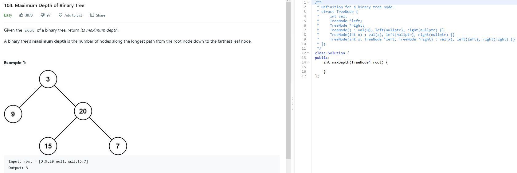 Solved 104. Maximum Depth of Binary Tree Easy 3870 47 97 ♡ | Chegg.com