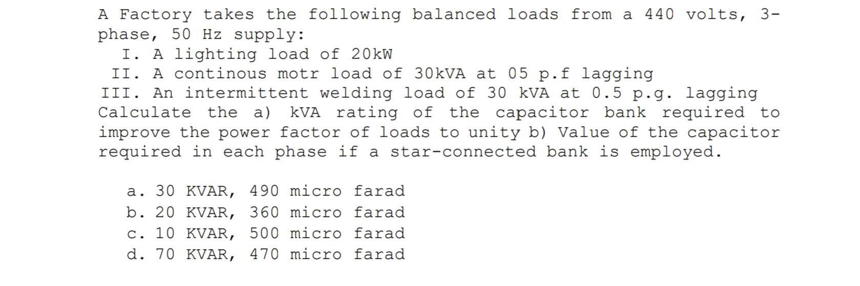 Solved A Factory takes the following balanced loads from a | Chegg.com