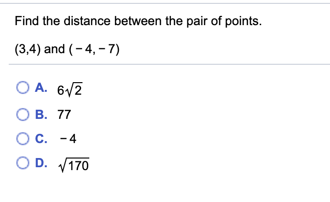 Solved Find the distance between the pair of points. (3,4) | Chegg.com