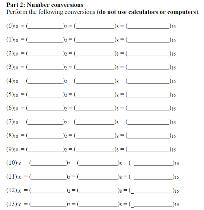 Solved Part 2: Number conversions Perform the following | Chegg.com