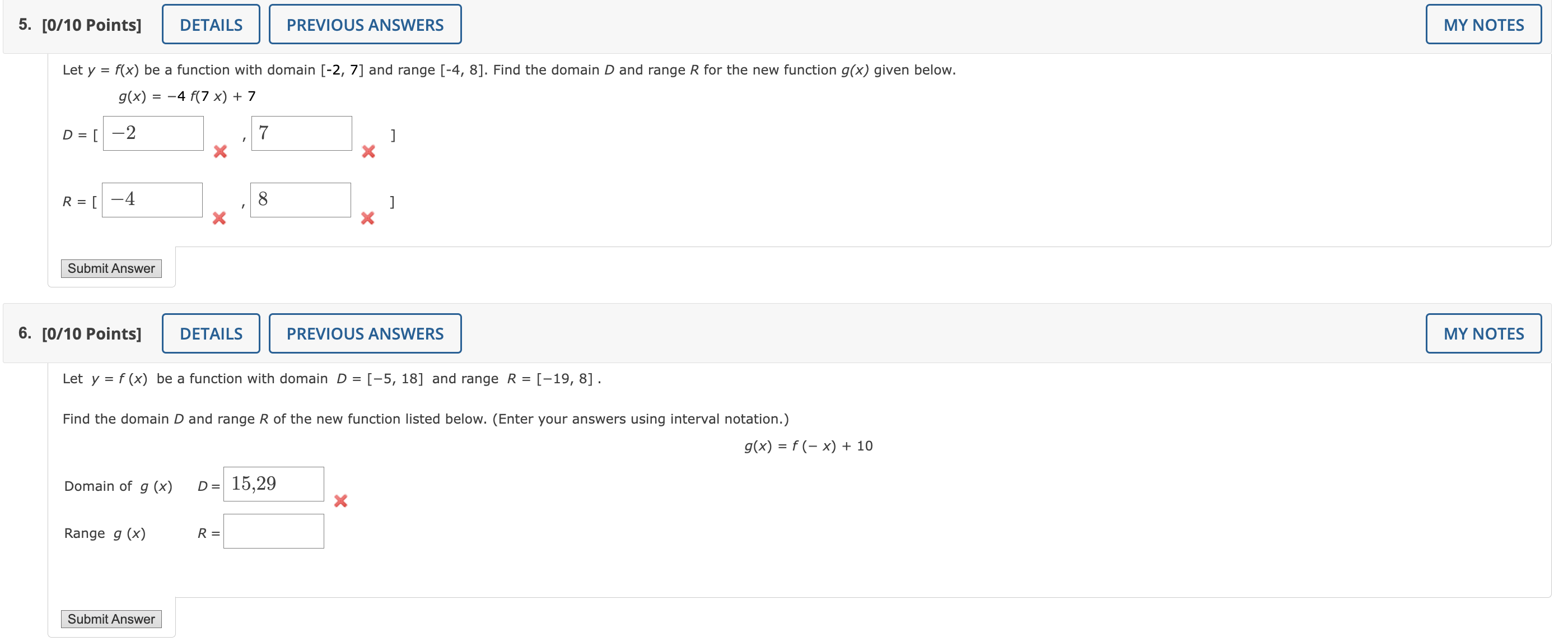 Solved g(x)=−4f(7x)+7 D=[−2 R=[ [0/10 Points] Let y=f(x) be | Chegg.com
