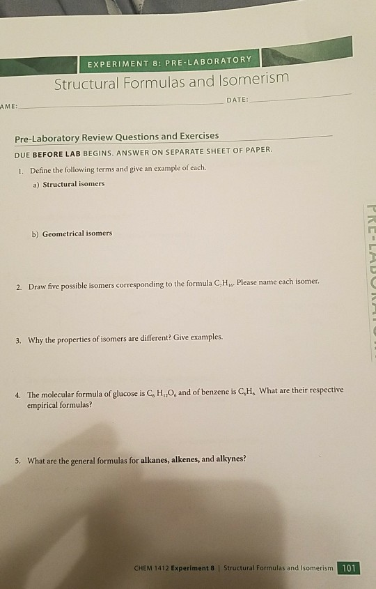 Solved EXPERIMENT 8: PRE-LABORATORY Structural Formulas and | Chegg.com