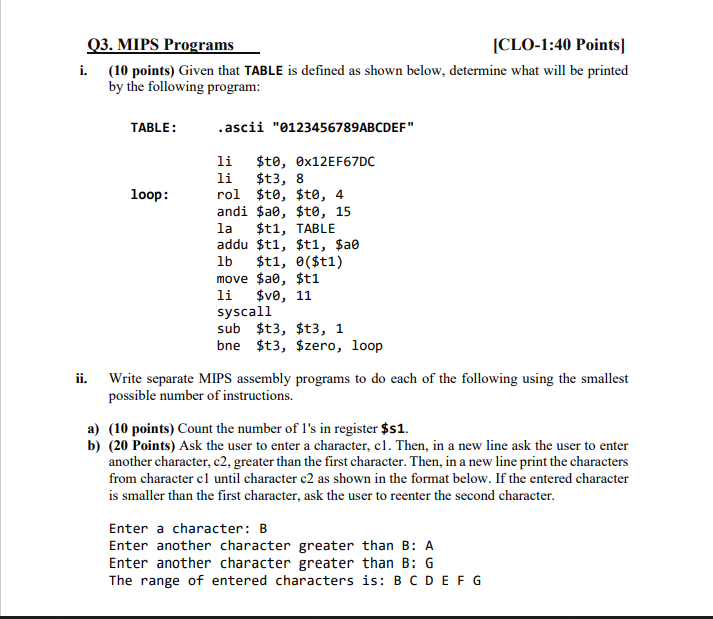 Solved Q3. MIPS Programs [CLO-1:40 Points) i. (10 points) | Chegg.com