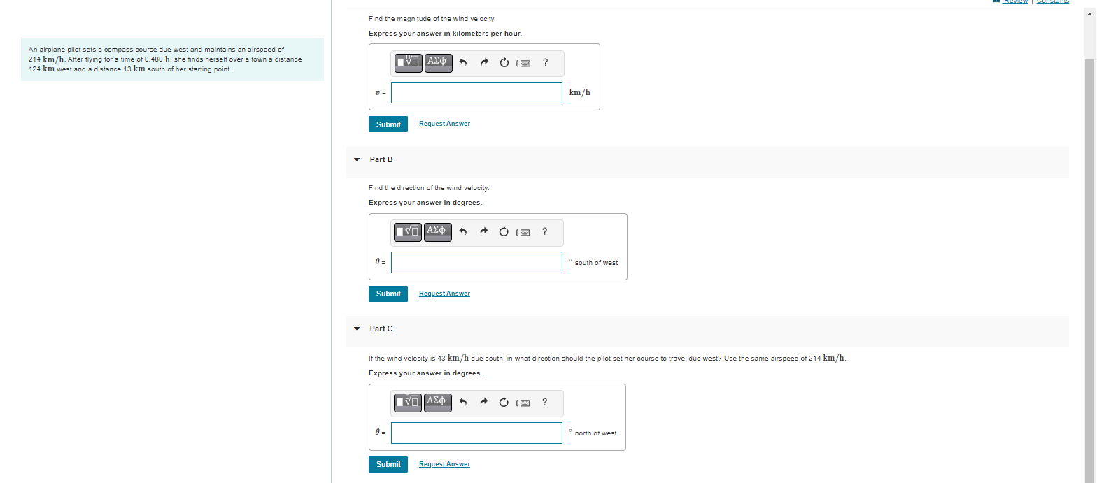 Solved An airplane pilot sets a compass course due west and | Chegg.com