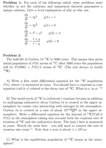 Solved Problem 1: For each of the following initial value | Chegg.com