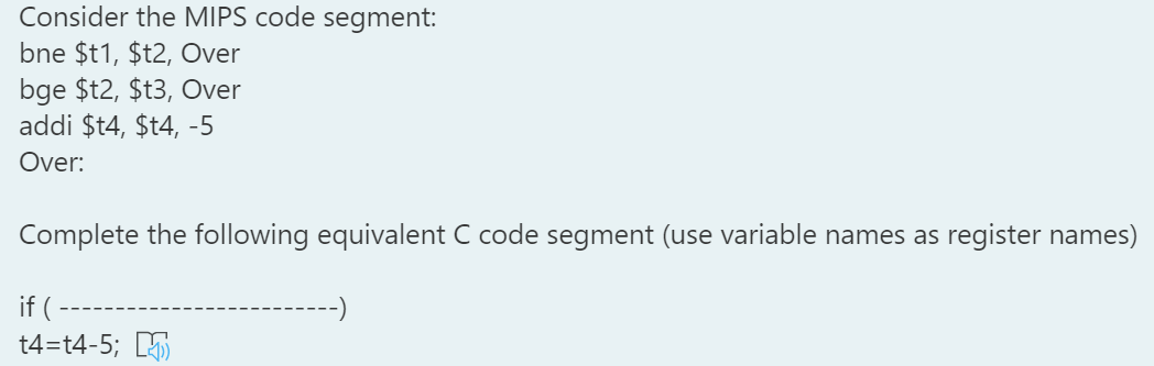 Solved Consider the MIPS code segment: bne $t1, $t2, Over | Chegg.com