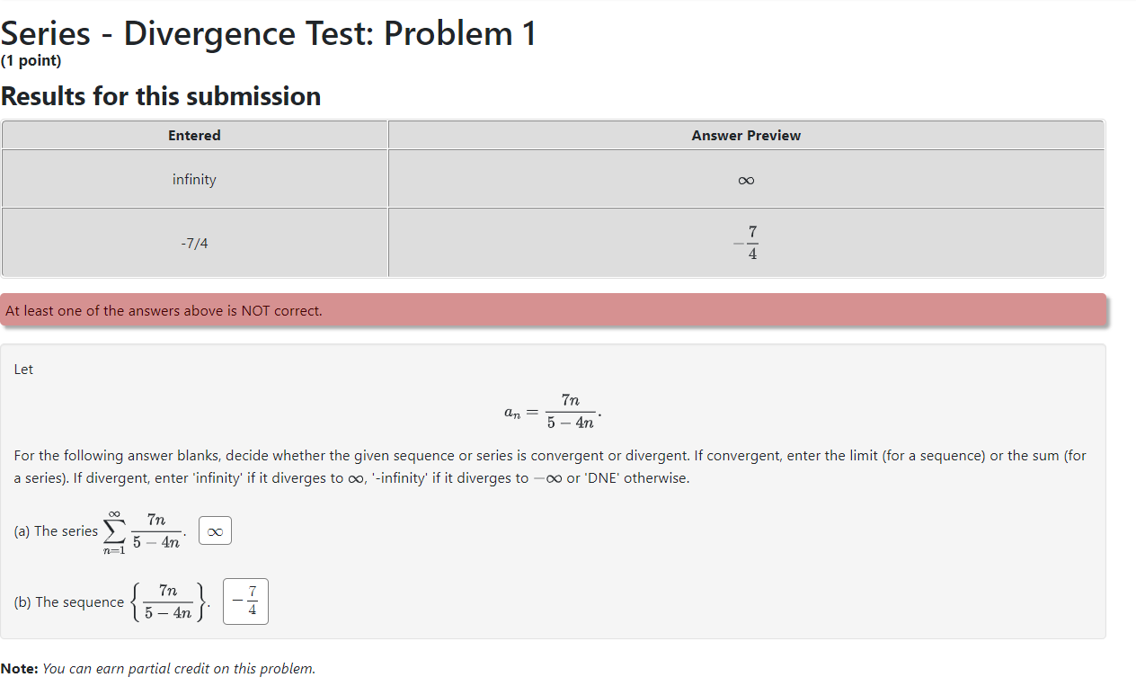 Solved Series - Divergence Test: Problem 1 (1 point) Results | Chegg.com