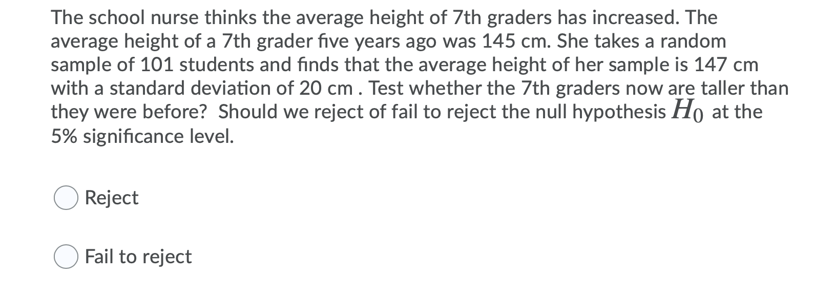 Solved The school nurse thinks the average height of 7th | Chegg.com