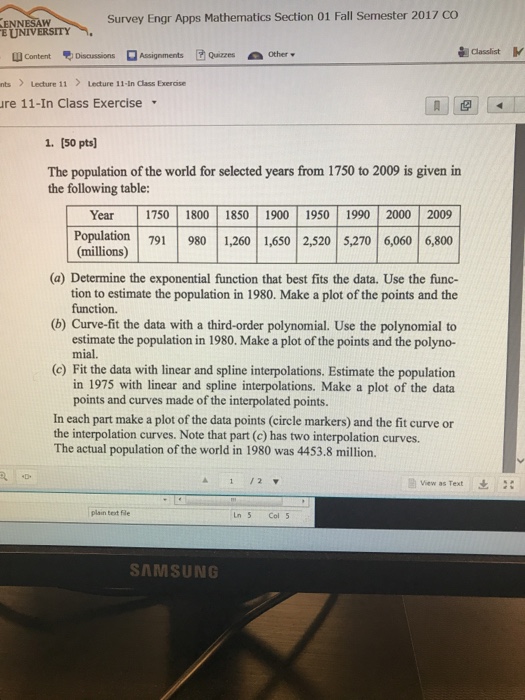 Solved Survey Engr Apps Mathematics Section 01 Fall Semester | Chegg.com