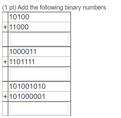 Solved (1 pt) Add the following binary numbers 10100 + 11000 | Chegg.com