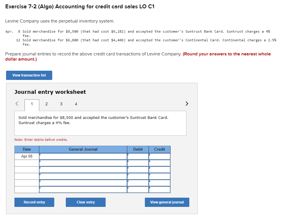 Solved Exercise 7-2 (Algo) Accounting for credit card sales | Chegg.com