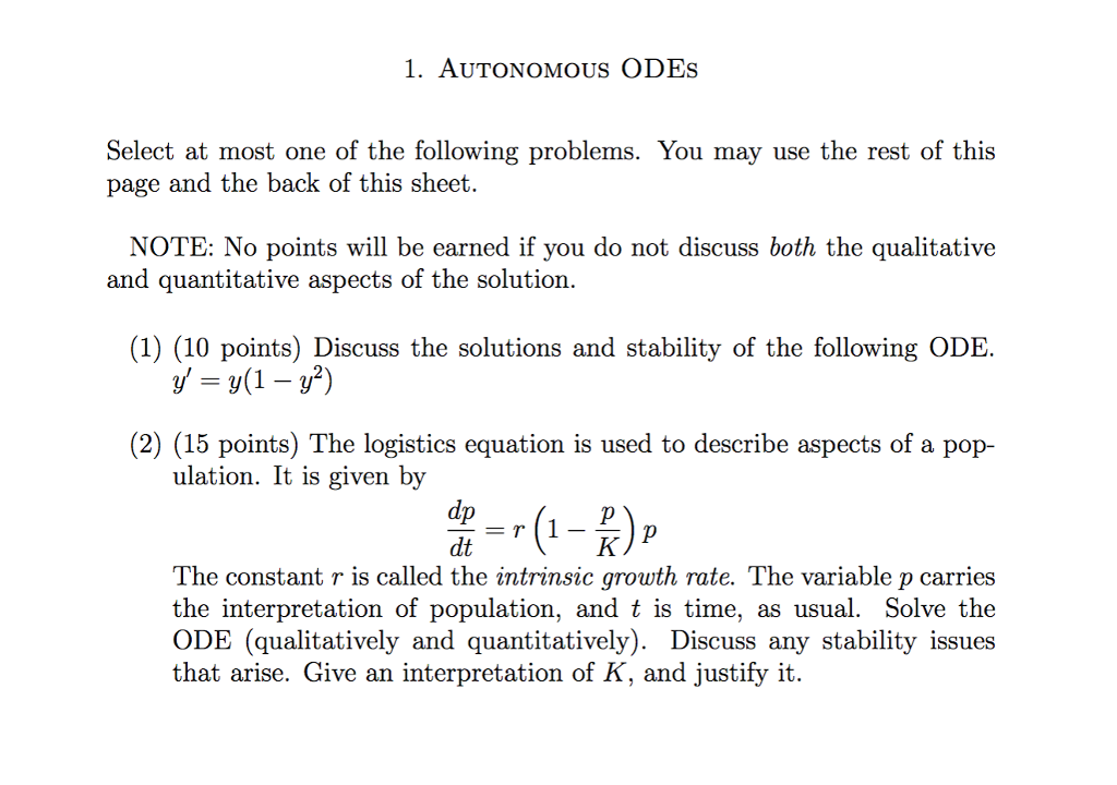 Solved 1. AUTONOMOUS ODEs Select at most one of the | Chegg.com