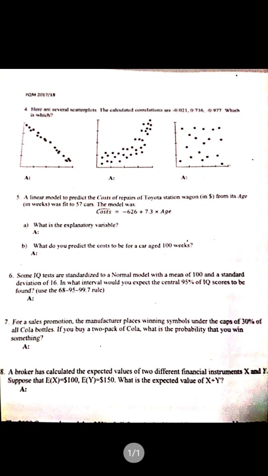 Solved raA·2017/18 A: A linear model to predict the Costs of | Chegg.com