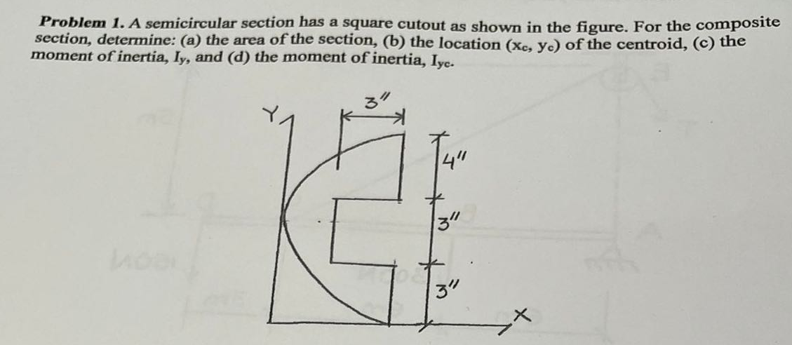 Solved Problem 1. ﻿A semicircular section has a square | Chegg.com