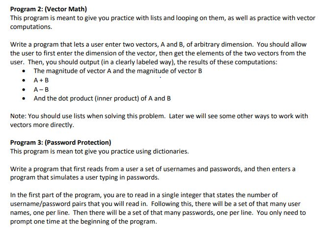 Solved Program 2: (Vector Math) This program is meant to | Chegg.com