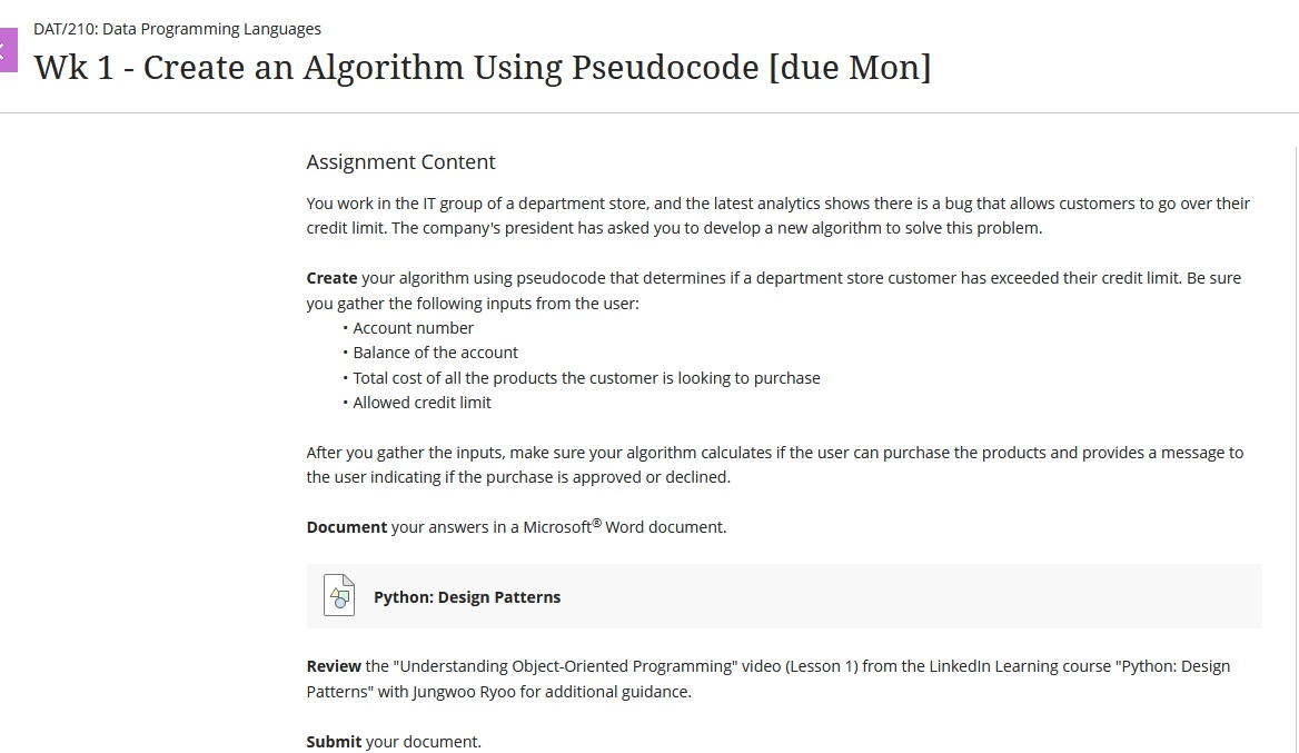 Solved DAT/210: Data Programming Languages Wk 1 - Create an | Chegg.com
