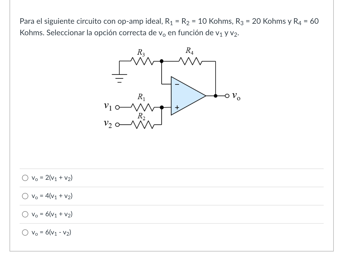 Solved Para el siguiente circuito con op-amp ideal, R1=R2=10 | Chegg.com