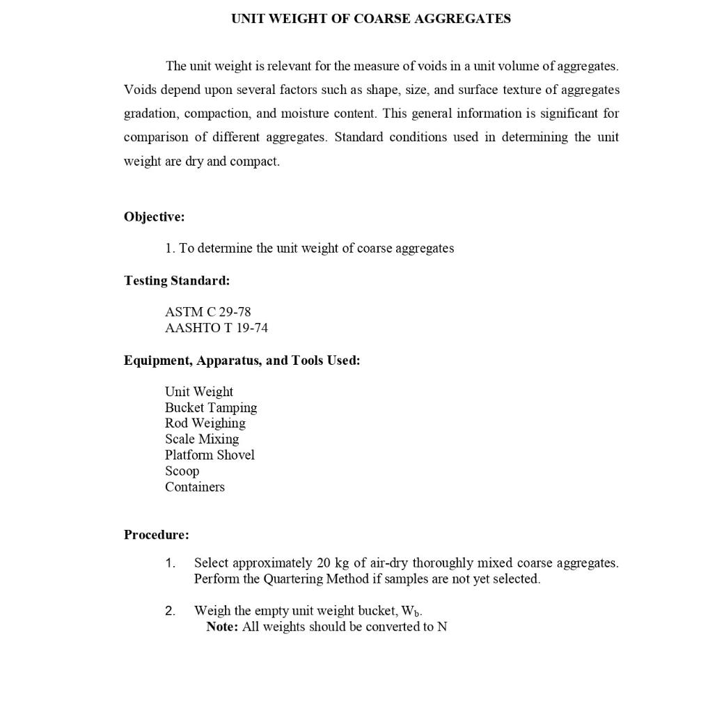 Solved UNIT WEIGHT OF COARSE AGGREGATES The unit weight is | Chegg.com