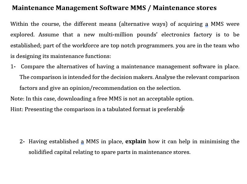 Solved Maintenance Management Software MMS / Maintenance | Chegg.com