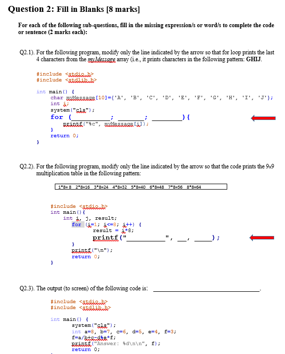Solved For each of the following sub-questions, fill in the | Chegg.com