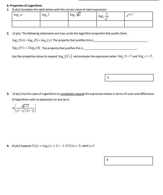 Solved B. Properties of Logarithms 1. (5 pts) Complete the | Chegg.com