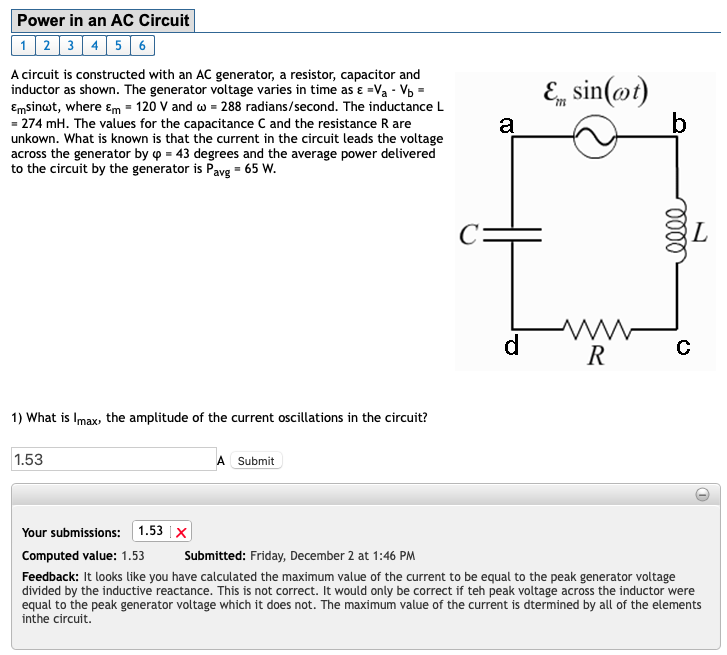 Solved A circuit is constructed with an AC generator, a | Chegg.com