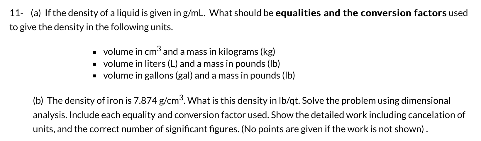 Solved 11- (a) ﻿If the density of a liquid is given in gmL. | Chegg.com