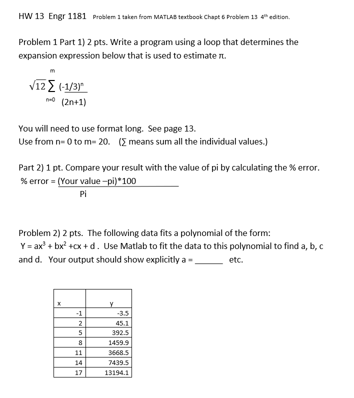 Solved HW 13 Engr 1181 Problem 1 taken from MATLAB textbook | Chegg.com
