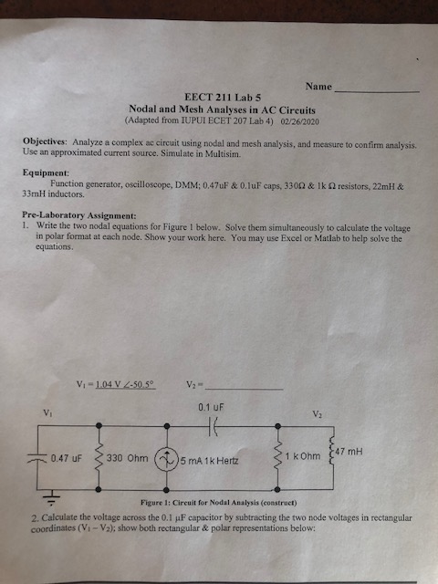 Solved Name EECT 211 Lab 5 Nodal and Mesh Analyses in AC | Chegg.com