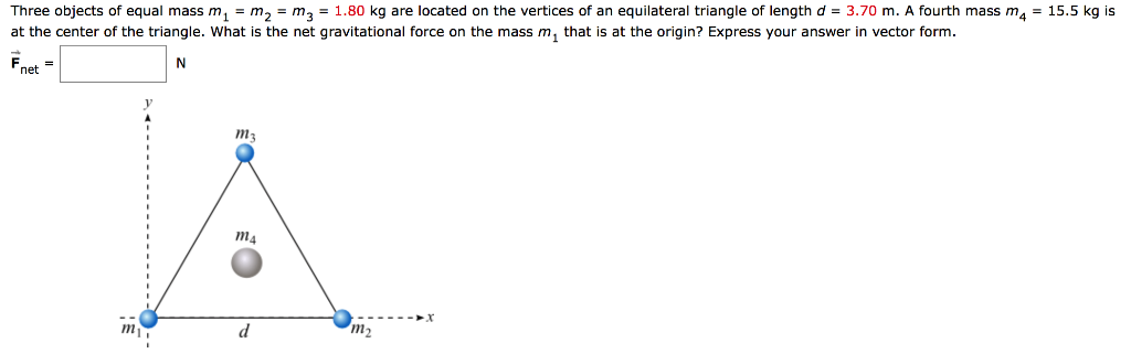 Solved Three objects of equal mass mi-m2- m3 1.80 kg are | Chegg.com