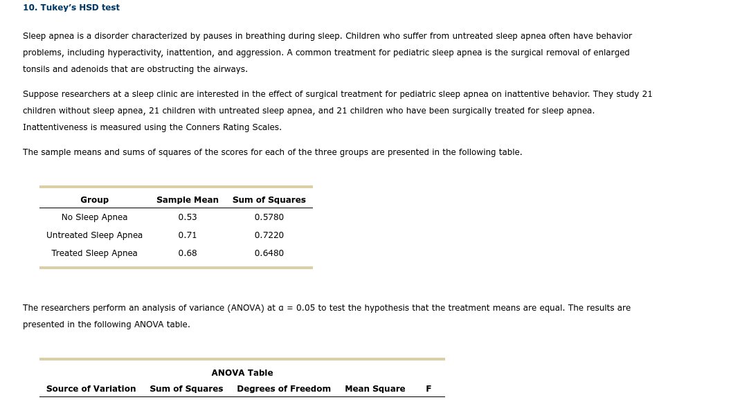 Solved 10. Tukey's HSD test Sleep apnea is a disorder | Chegg.com